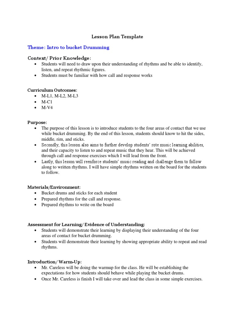 Intro to Bucket Drumming Lesson Plan | PDF | Learning | Lesson Plan