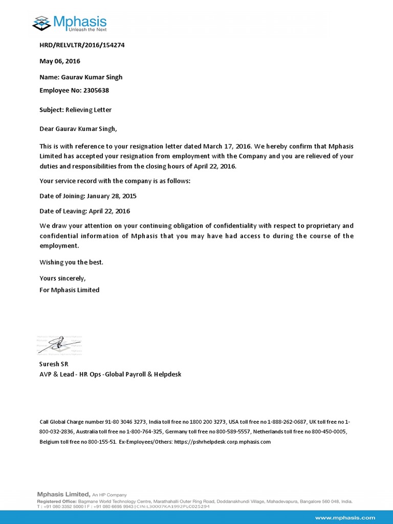 Relieving Letter 2305638 | PDF