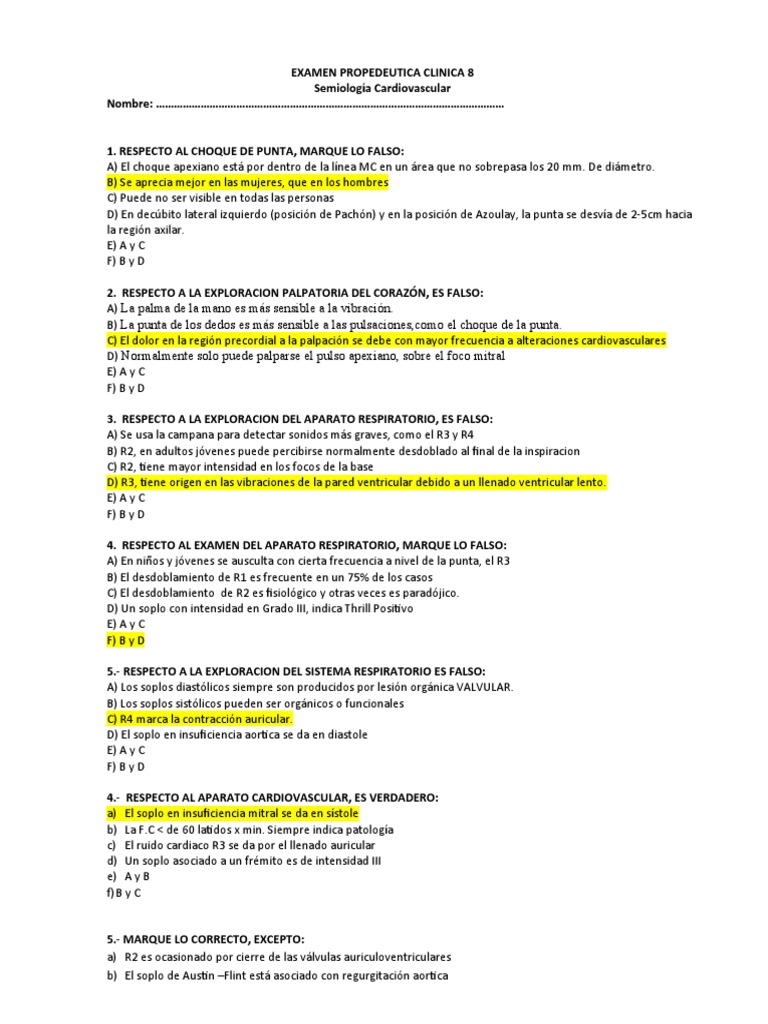 Examen Propedeutica Clinica 8 | PDF
