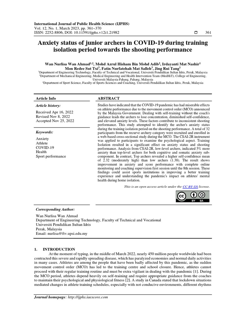 Anxiety Status of Junior Archers in COVID-19 During Training Isolation ...