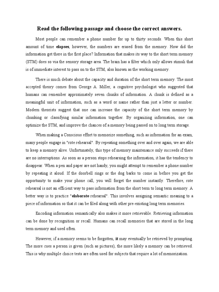 Read The Following Passage And Choose The Correct Answers Pdf