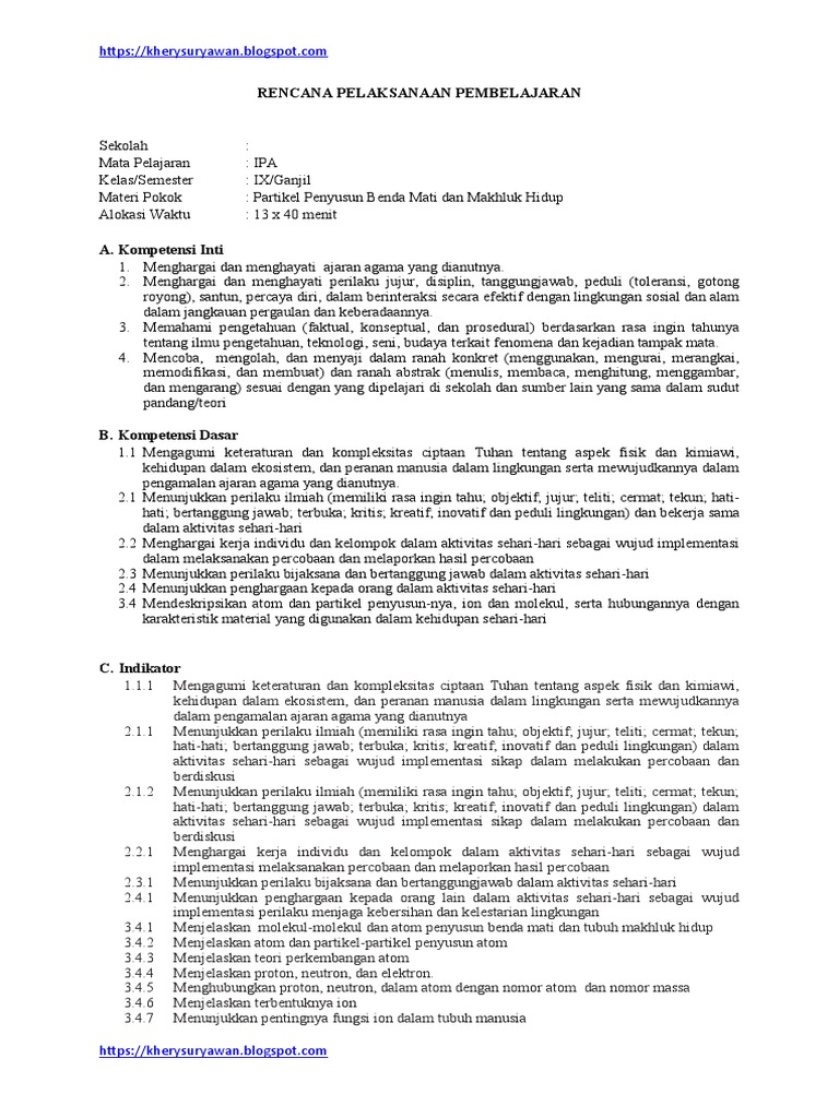 RPP 4 - IPA IX Partikel Penyusun Benda Mati Dan Makhluk Hidup | PDF