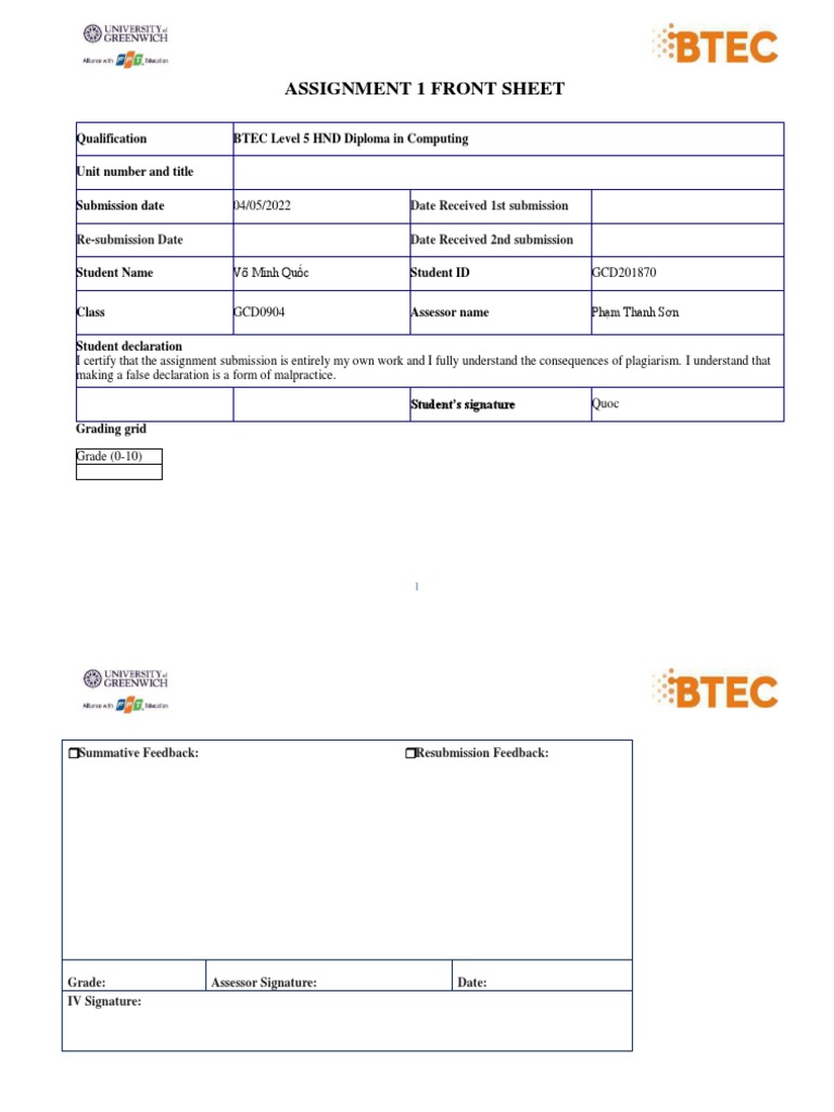 Assignment 1 Front Sheet: Qualification BTEC Level 5 HND Diploma in Computing Unit Number and ...