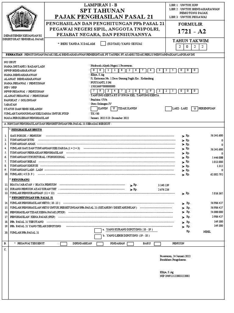 SPT Tahunan Pajak Penghasilan Pasal 21 | PDF