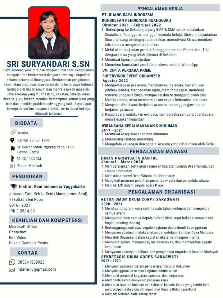 CV - Sri Suryandari - Guru Seni Budaya | PDF