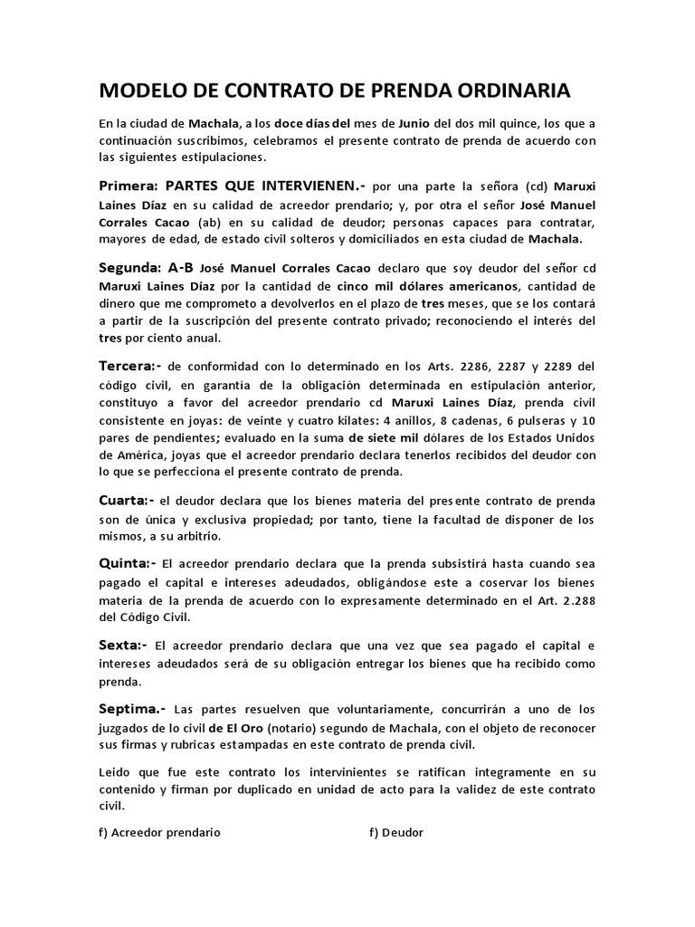 Modelo de Contrato de Prenda Ordinaria 160217030620 | PDF | Pagos ...