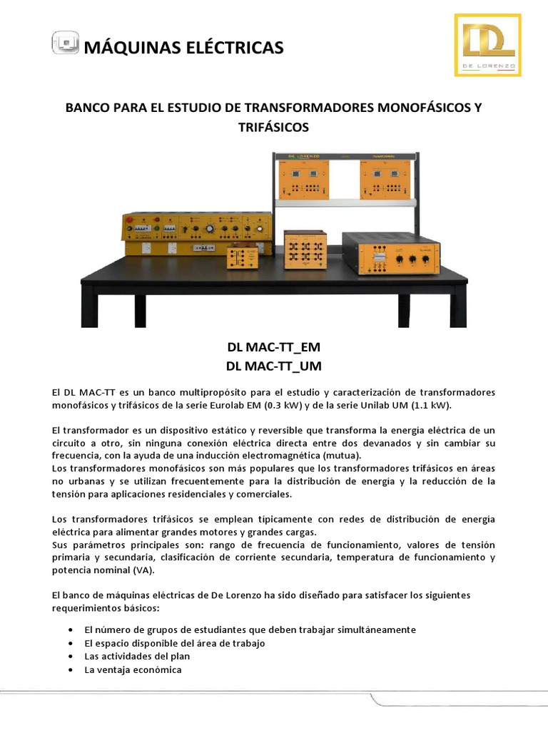 Banco para El Estudio de Transformadores Monofásicos y Trifásicos DL Mac-Tt - em DL Mac-Tt - Um ...