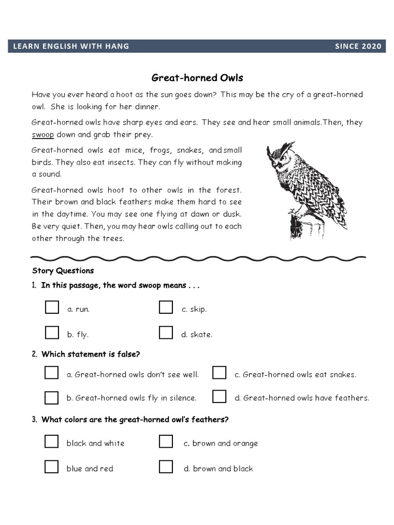 Great-Horned Owls - Grade 1 - Animals | PDF