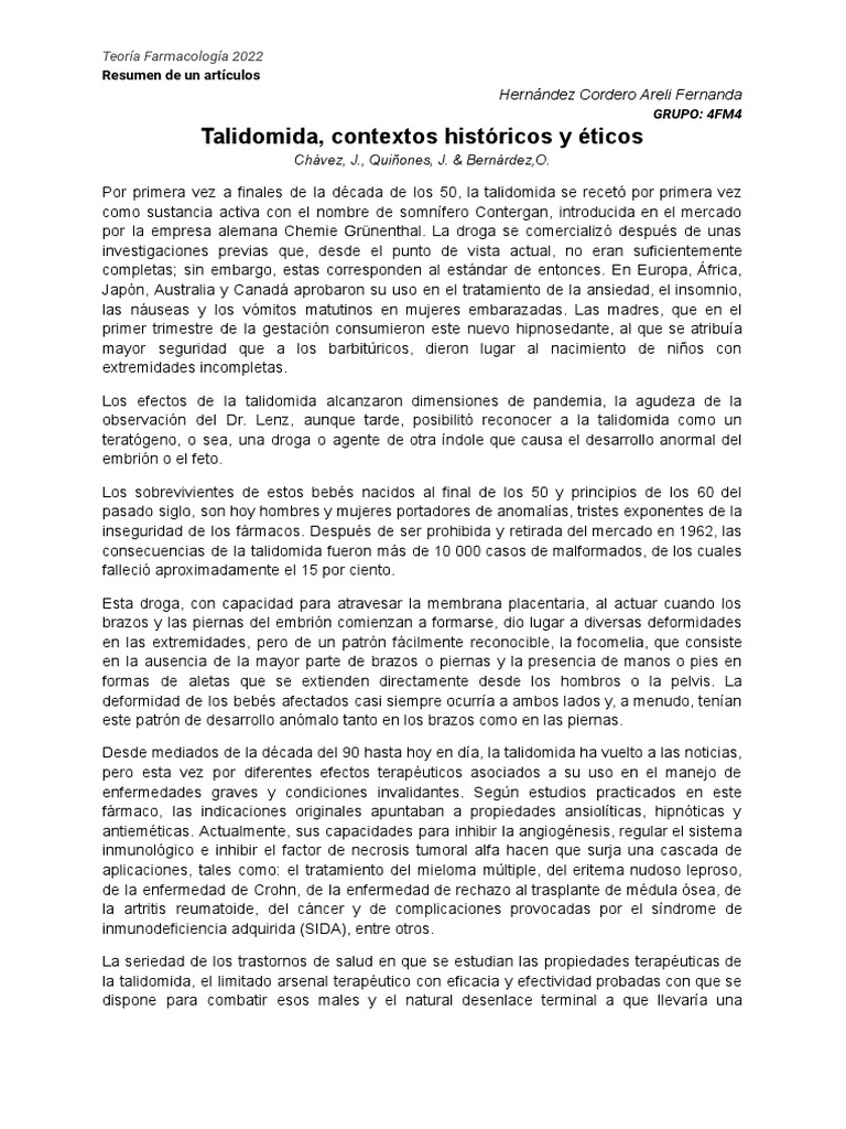 Resumen Del Articulo Talidomida | PDF | Cáncer | Medicamentos con receta