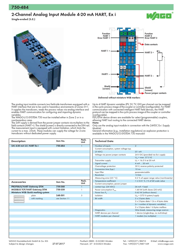 750-484 2-Channel Analog Input Module 4-20 Ma HART, Ex I 750-484 | PDF ...