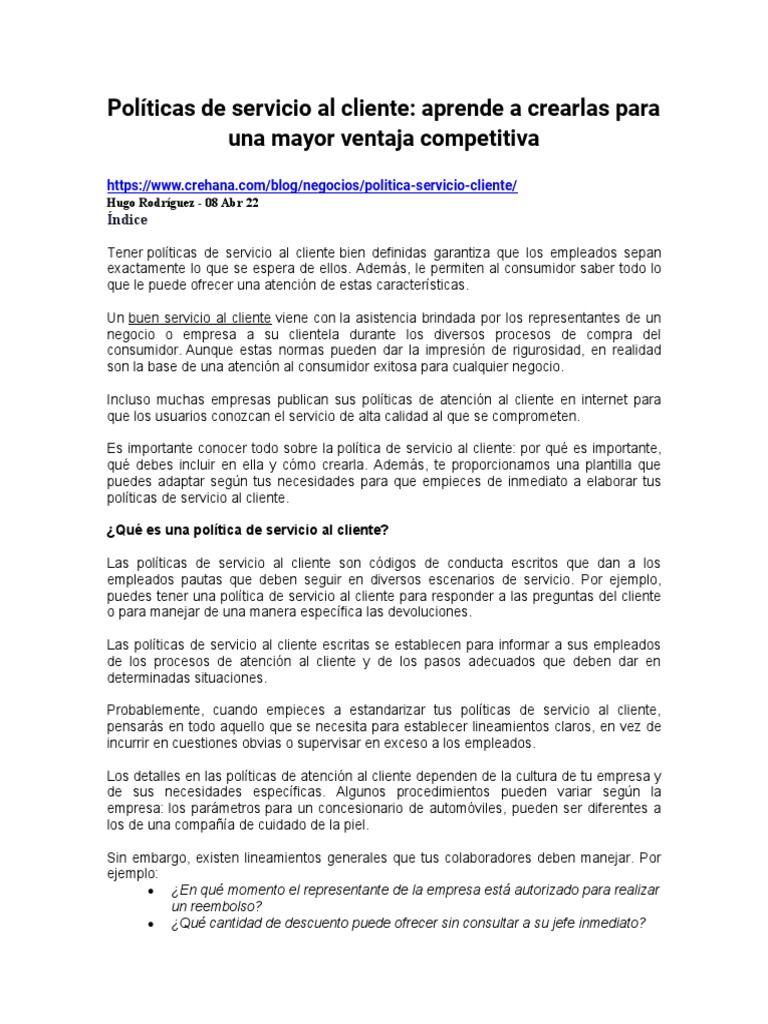 Políticas de Servicio Al Cliente | PDF | Servicio al Cliente | Cliente