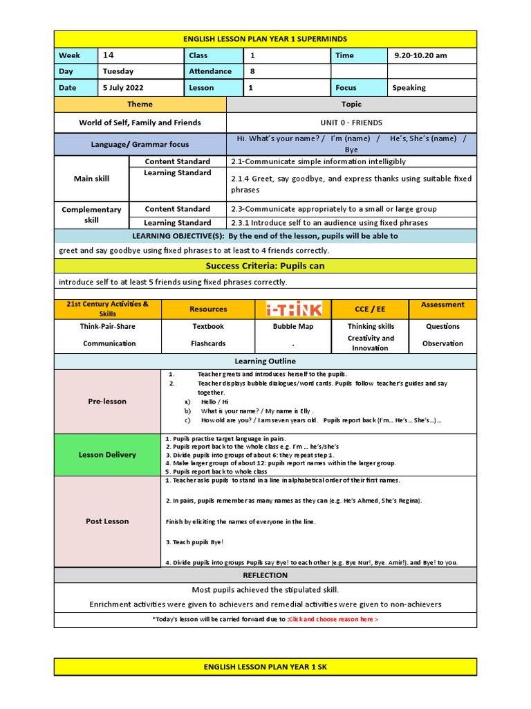 Year 1 English Lesson Plan: Supermind | PDF | Lesson Plan | Learning
