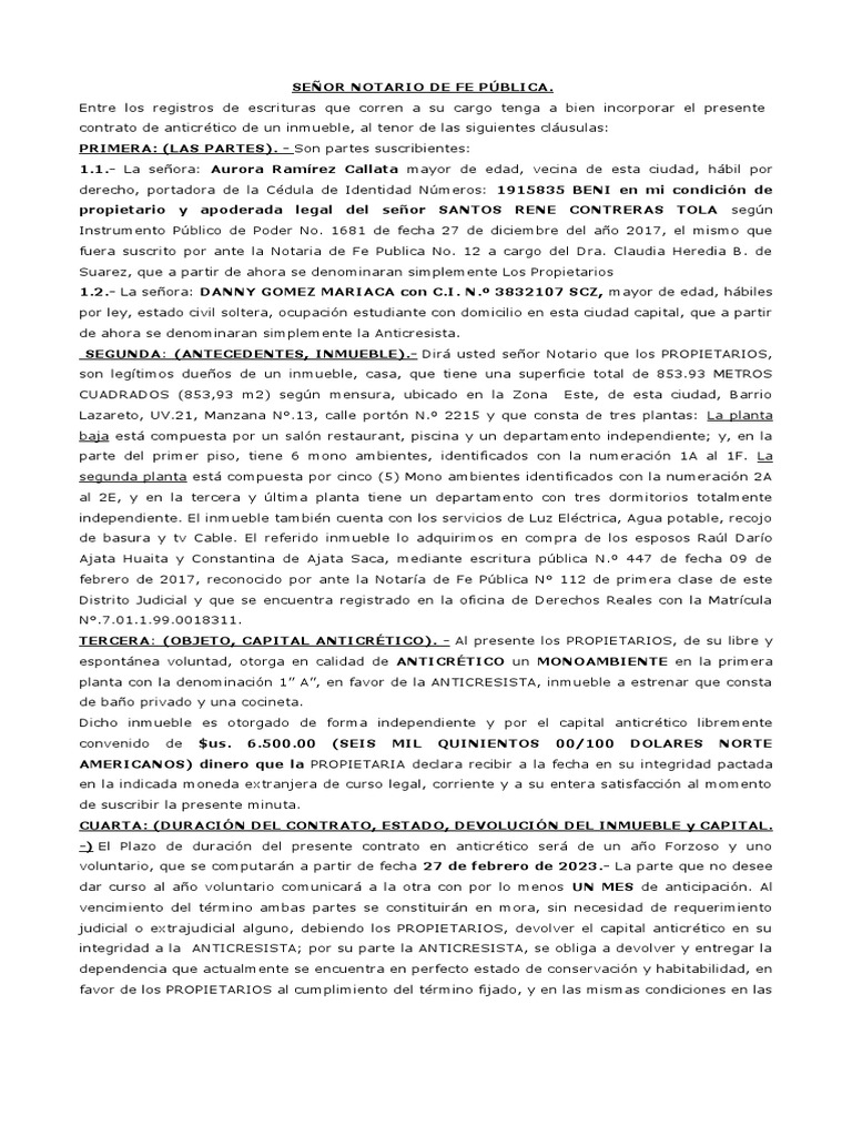 Anticretico Sra Aurora y Sra Danny Gomez | PDF | Derecho Civil (Common ...