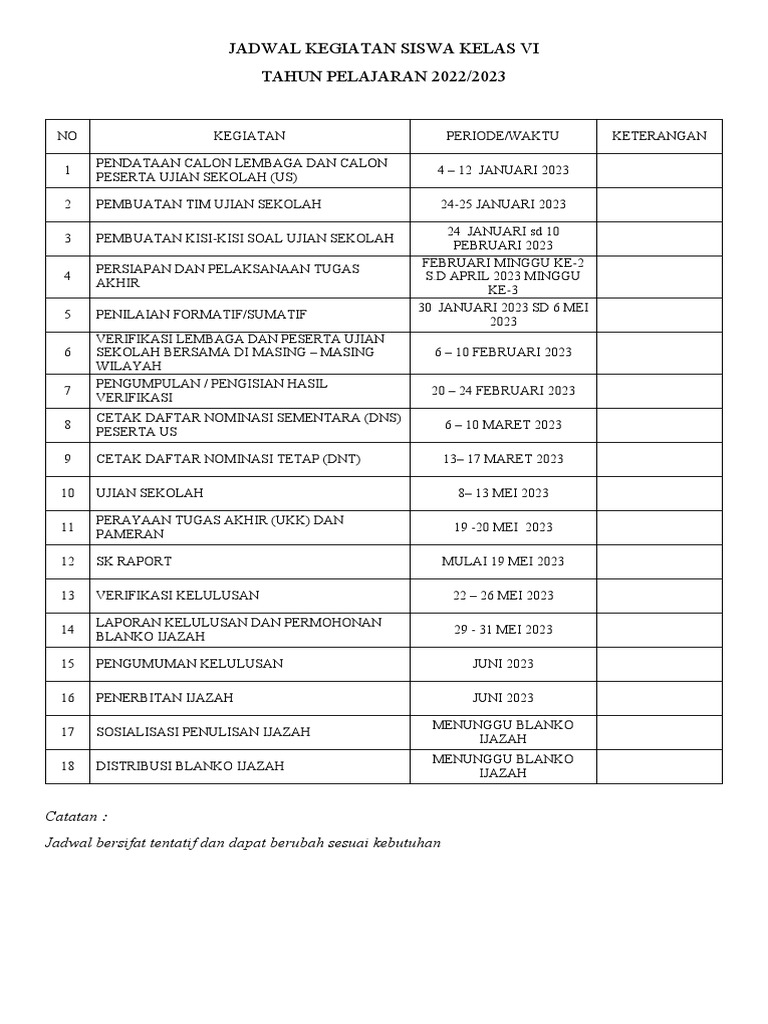 Jadwal Kegiatan Siswa Kelas 6 Tahun 2023 Pdf