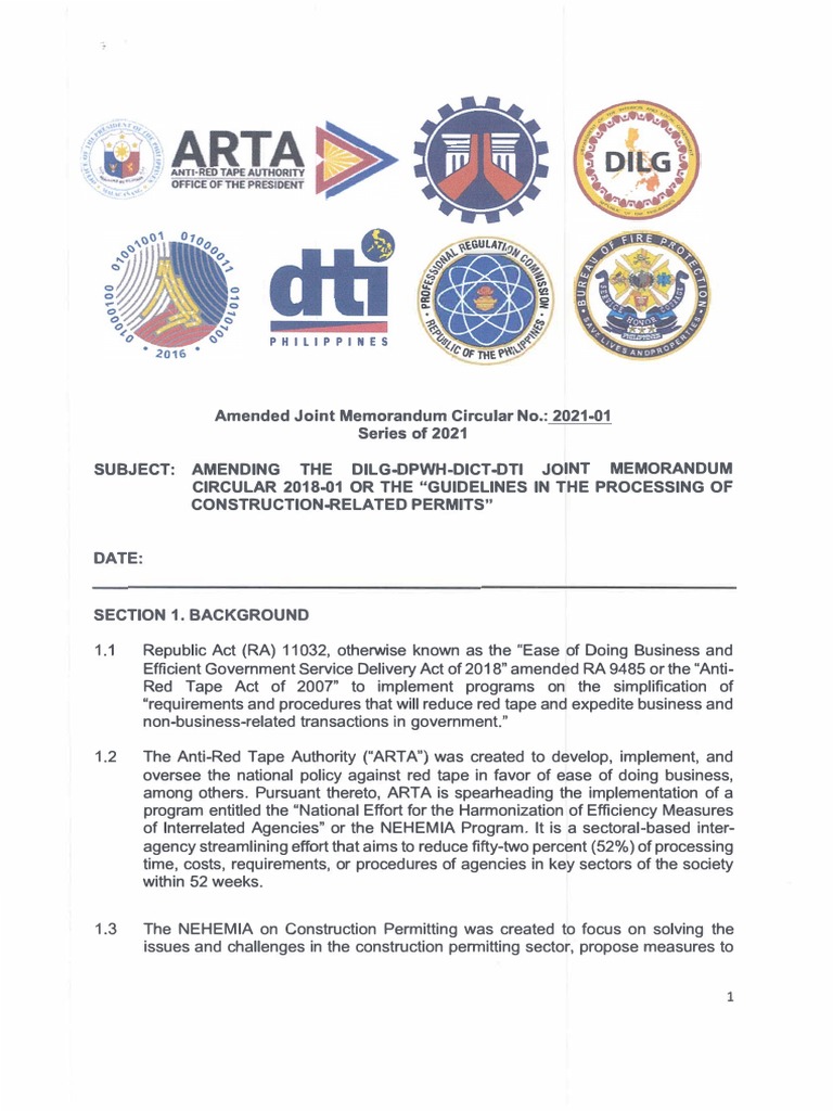 Arta DPWH Dilg Dict Dti PRC BFP Amendended JMC No. 2021 01 Bpco Amended | PDF