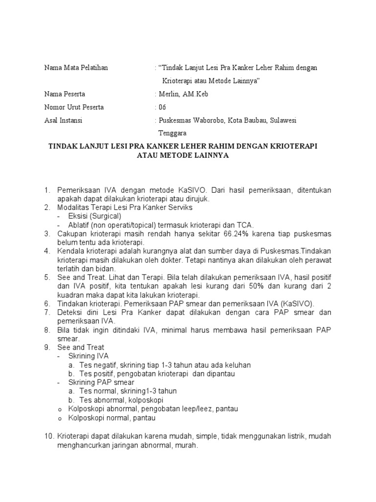 Krioterapi untuk Lesi Pra Kanker Serviks | PDF