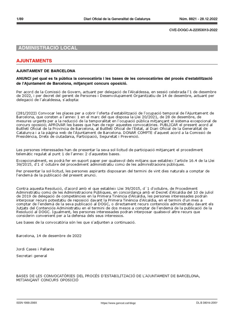 281 2022 Bases Estabilitzacio Concurs Oposicio | PDF