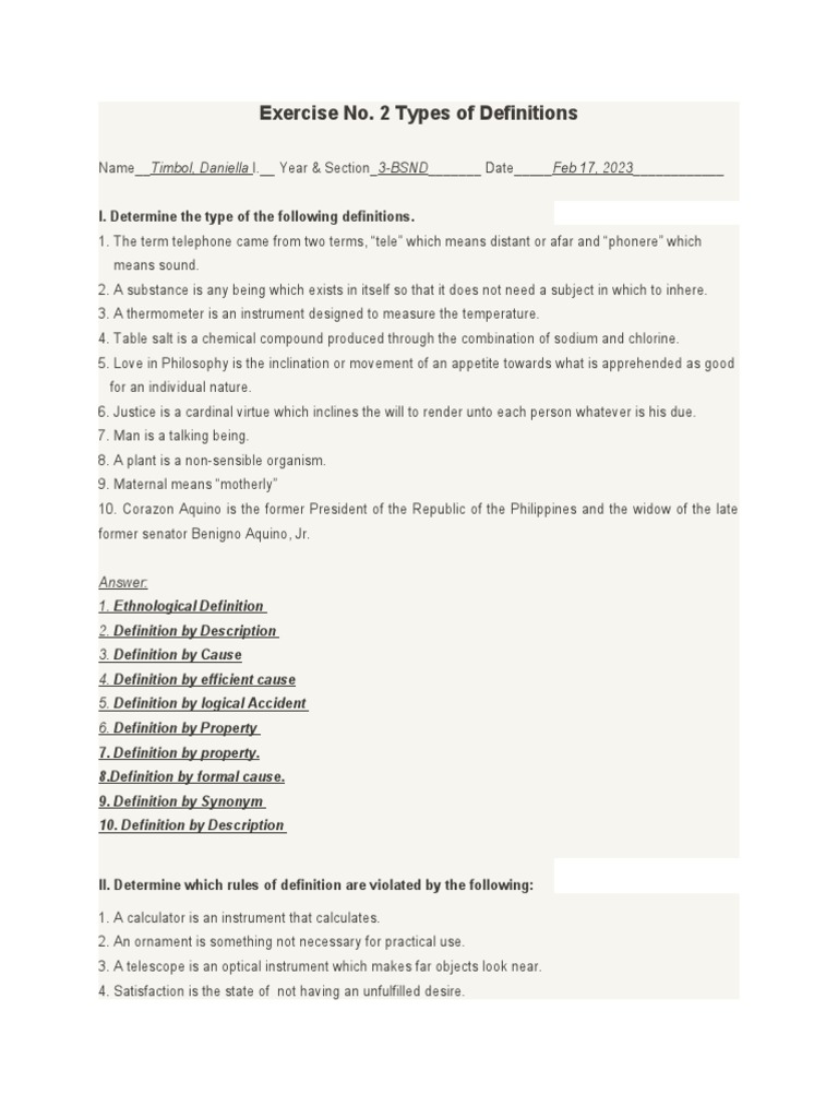 LOG101 Exercise No. 2 - Types of Definitions 20230217091032 | PDF