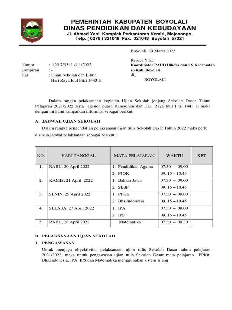 Surat Edaran Jadwal Ujian Sekolah Dan Hari Raya Idul Fitri | PDF
