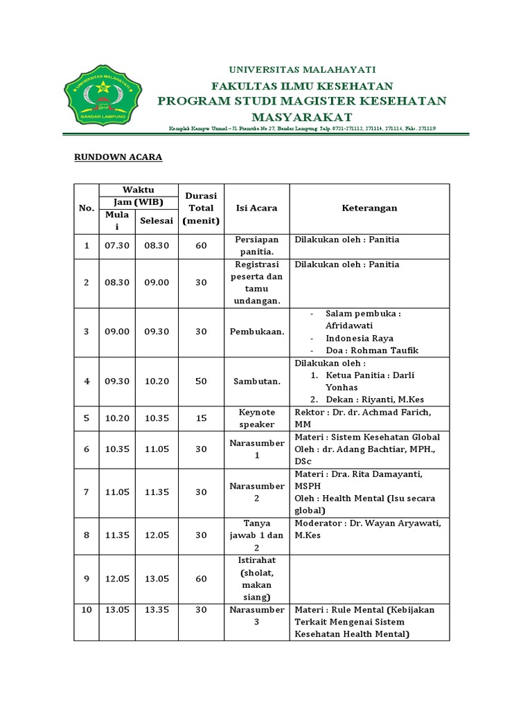 Rundown Acara Seminar Internasional Sistem Kesehatan Mental Global dan ...