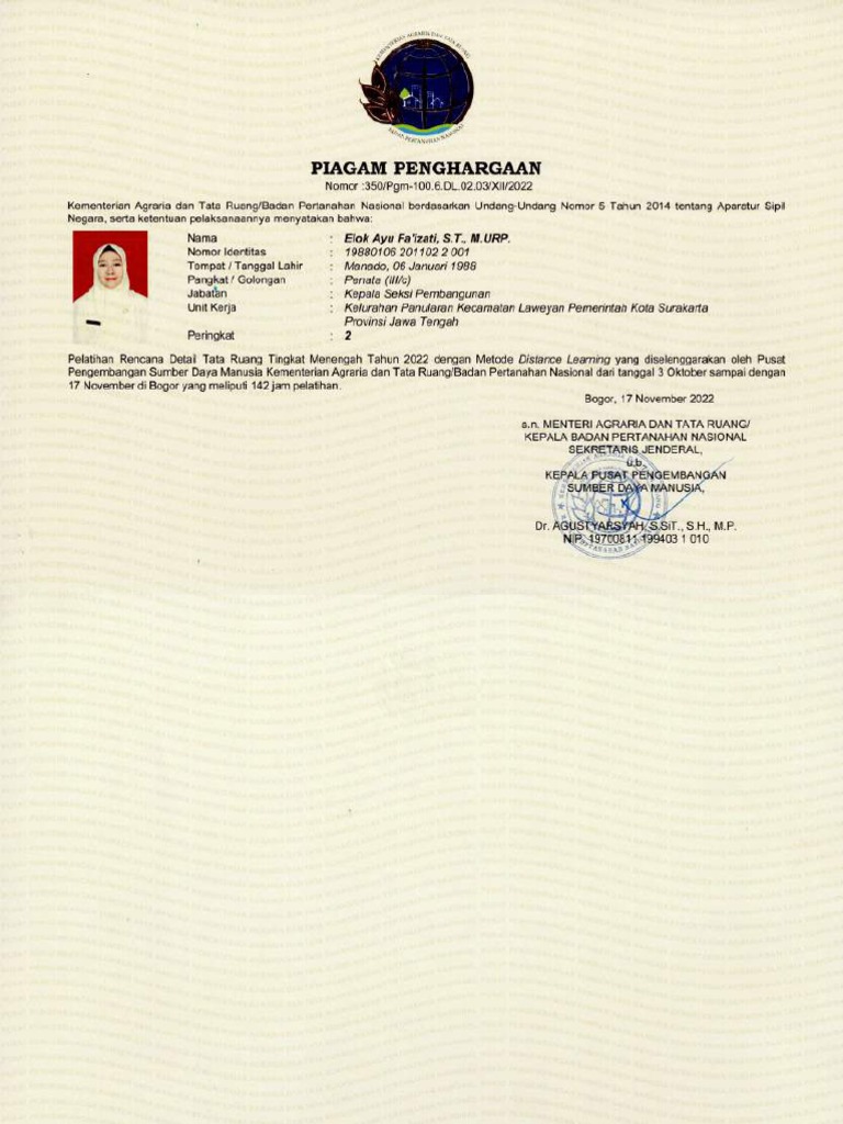 Piagam Penghargaan Pelatihan RDTR Tingkat Menengah Elok Ayu Fa'izati, ST, M.URP - C | PDF