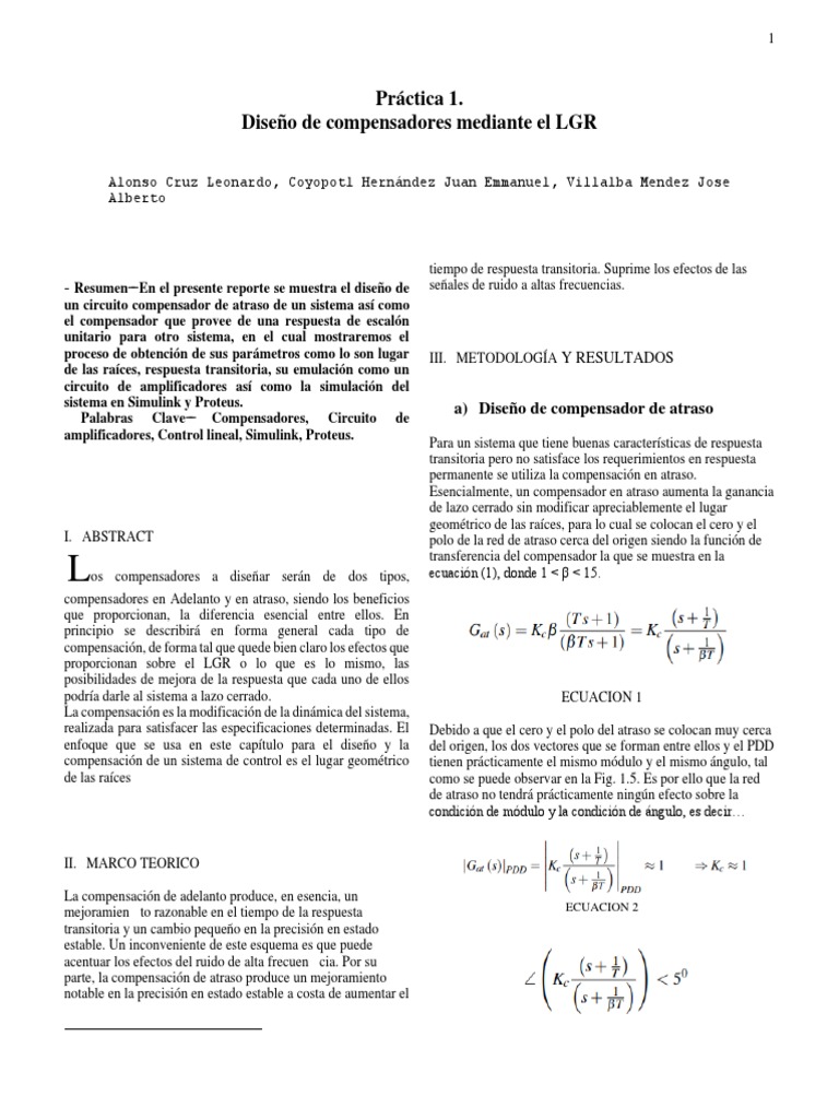 Practica 1. Diseño de Compensadores Mediante El LGR | PDF | Ecuaciones | Sistema de control
