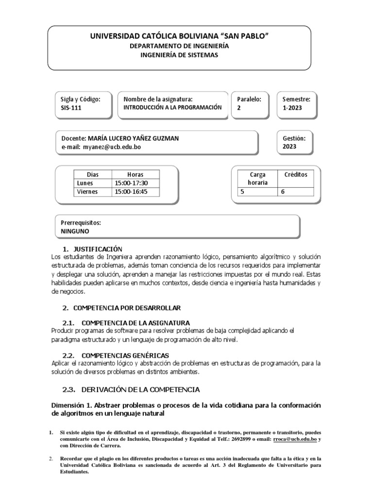 Plan de Asignatura Introduccion A La Programacion I-2023 | Descargar gratis PDF | Lenguaje de ...