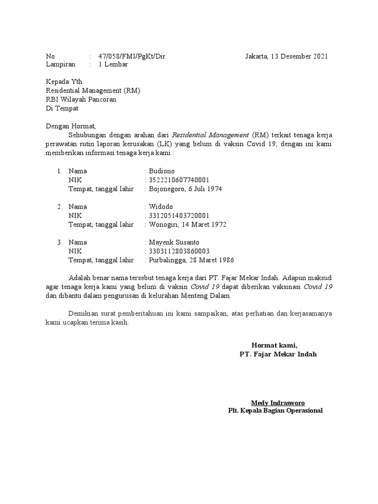 Surat Pengantar Tenaga Kerja | PDF