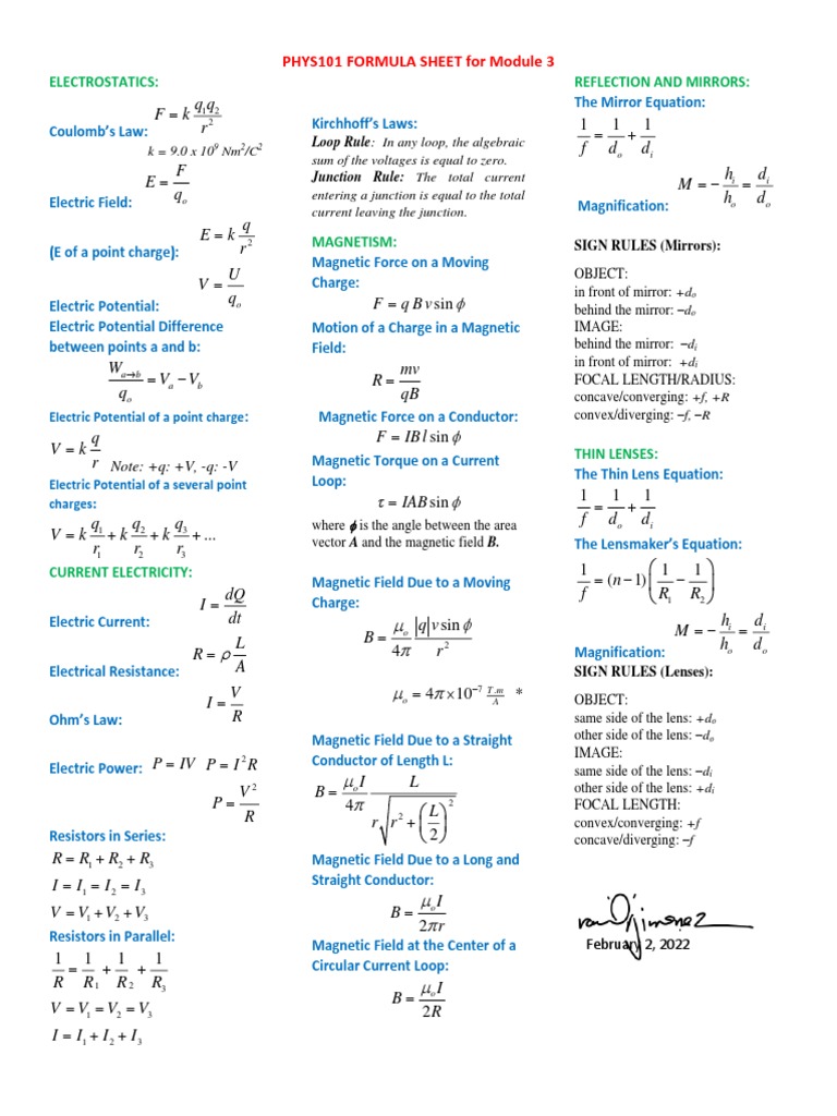 PHYS101 FORMULA SHEET For Module 3 | PDF | Theoretical Physics | Electromagnetism
