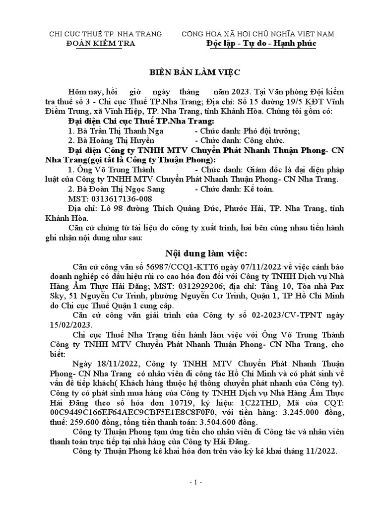 Biên Bản Làm Việc Thuan Phong-Hai Dang | PDF