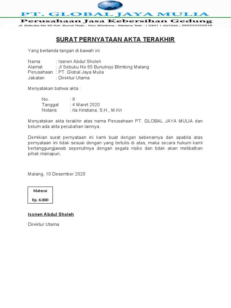 Surat Pernyataan Akta Terakhir | PDF