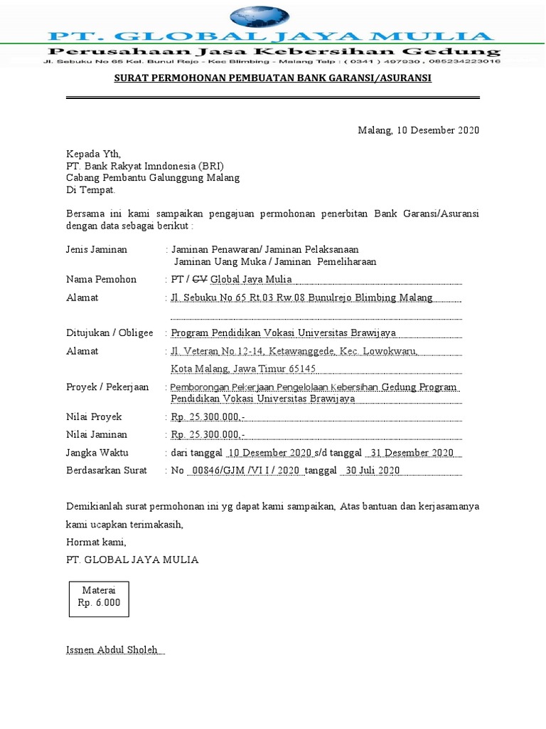 Surat - Permohonan Bank Garansi | PDF | Pengelolaan Keuangan & Uang