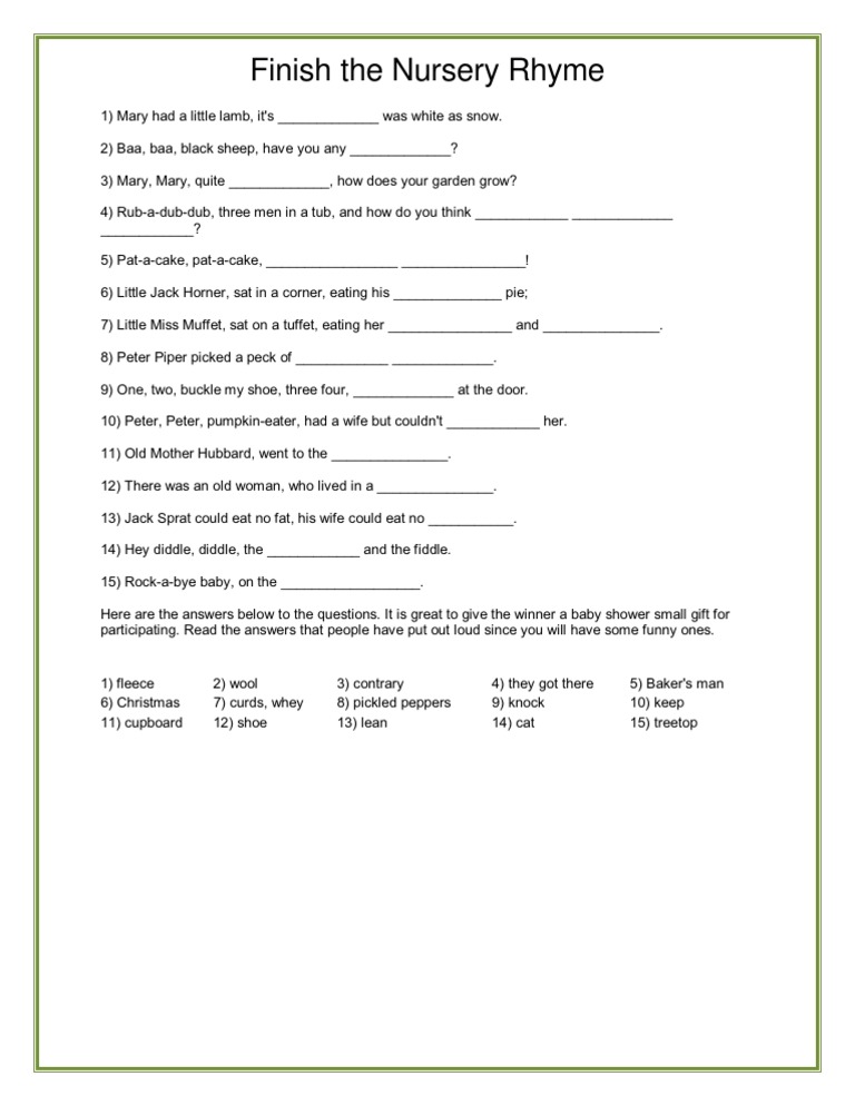 Finish The Nursery Rhyme | PDF | Traditional Children's Songs ...