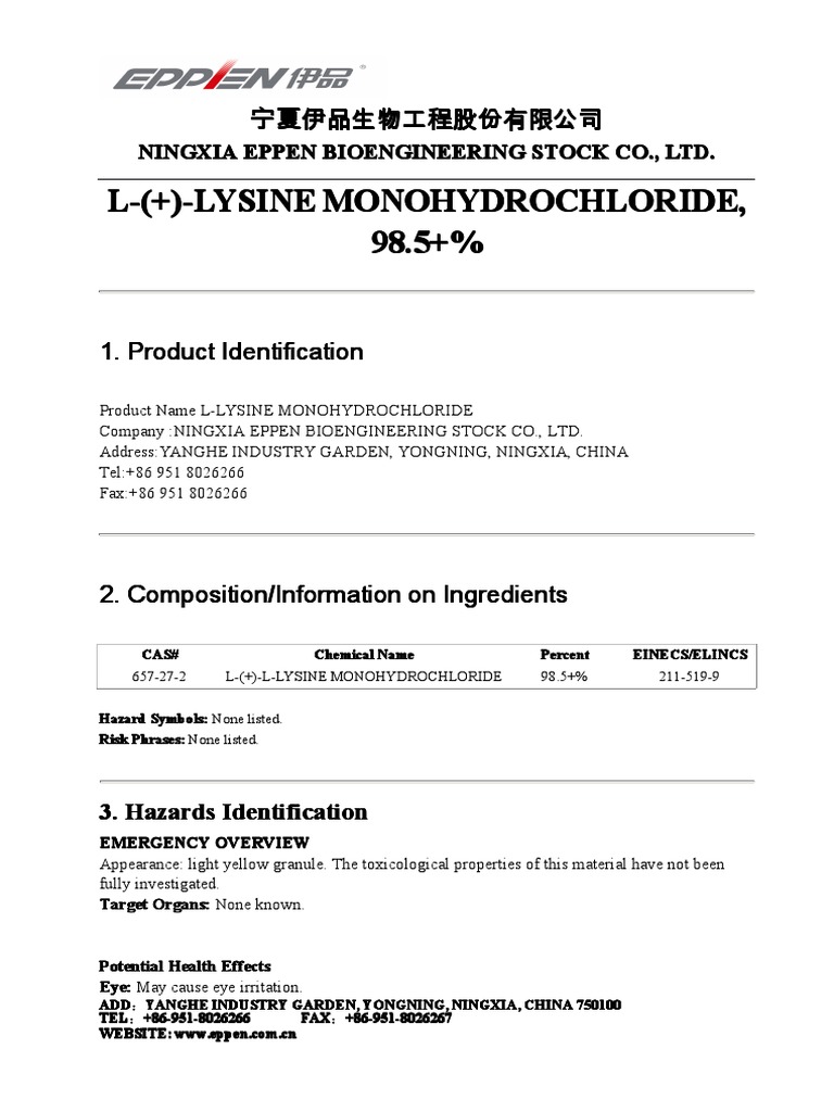 Product Specification Sheet for L-Lysine Monohydrochloride 98.5% ...