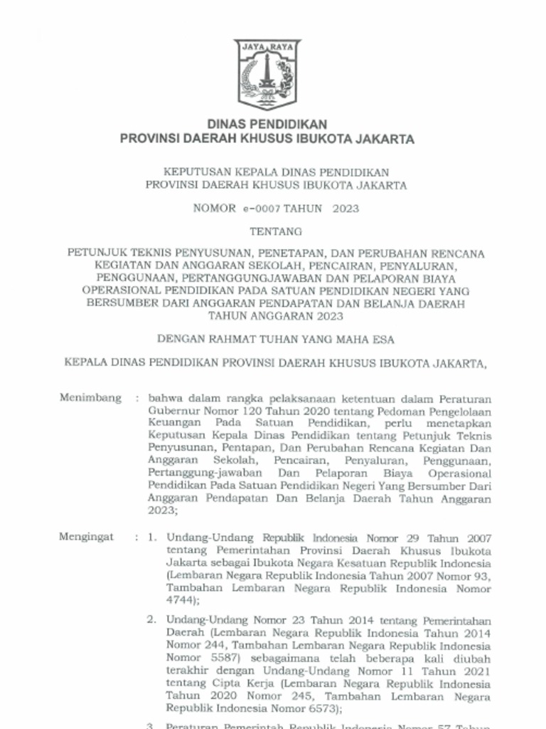 SK Kadisdik e 0007 Tahun 2023 Tentang JUKNIS BOP Tahun Anggaran | PDF