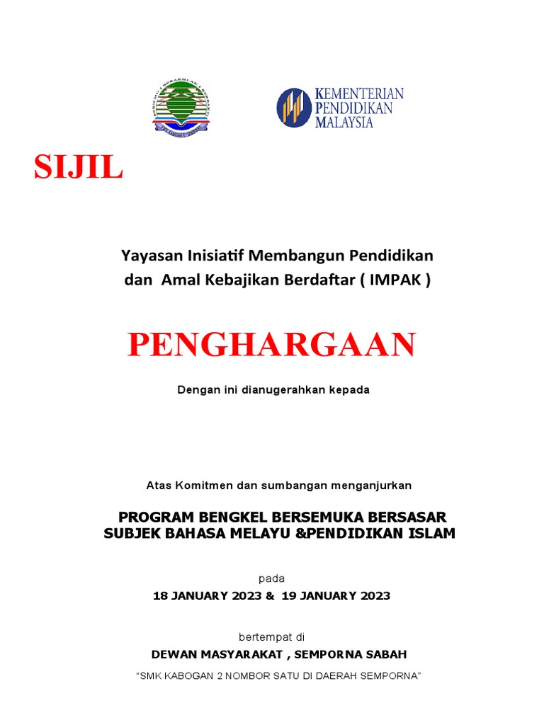 Sijil Penghargaan Kepada Impak PBBB | PDF