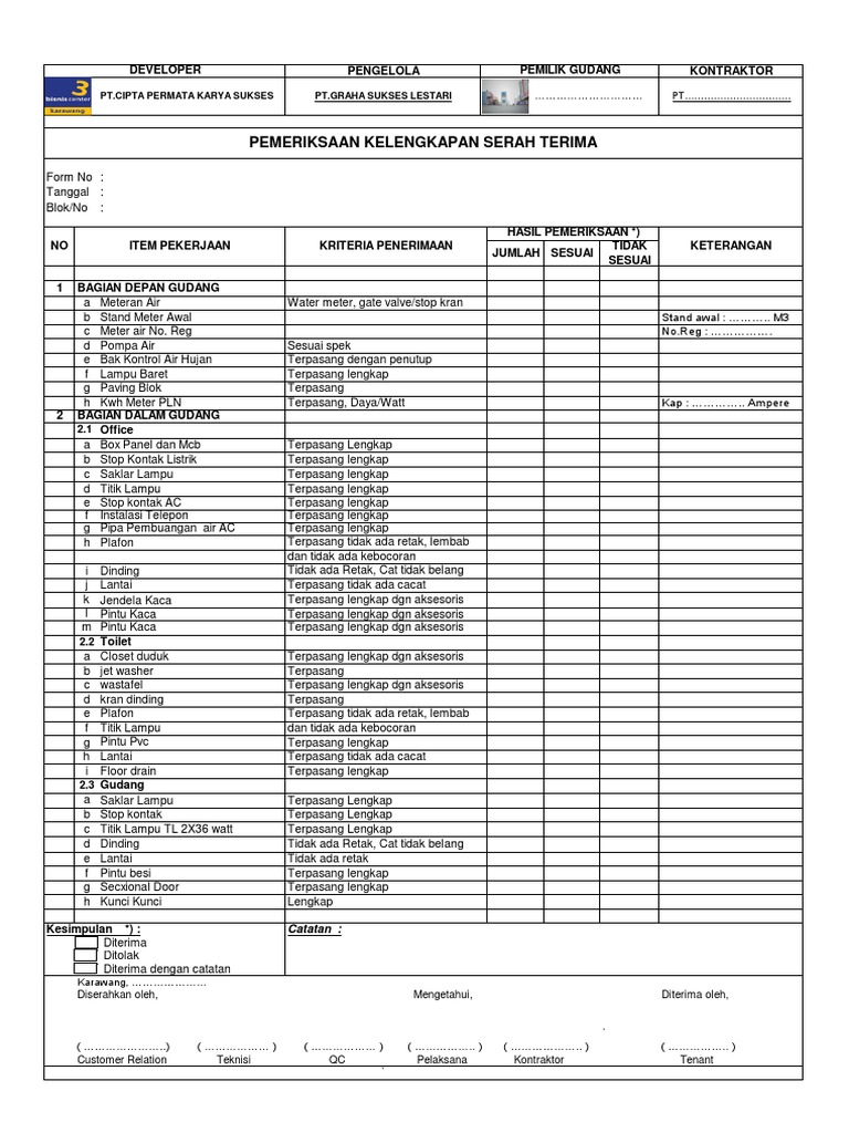 Form Checklist Gudang Baru | PDF