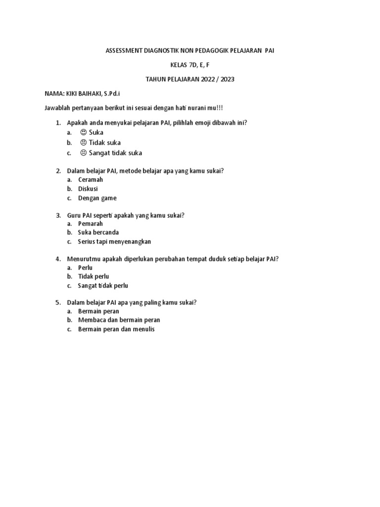 Assessment Diagnostik Non Kognitif Pelajaran Pai | PDF
