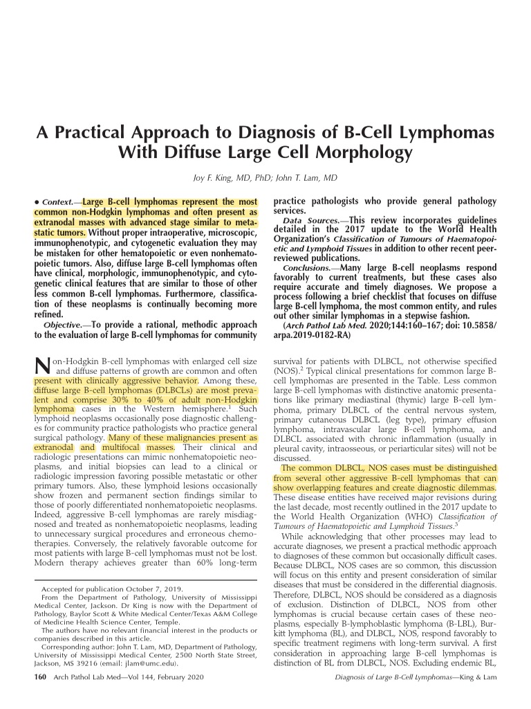 A Practical Approach To Diagnosis of B-Cell Lymphomas With Diffuse L ...