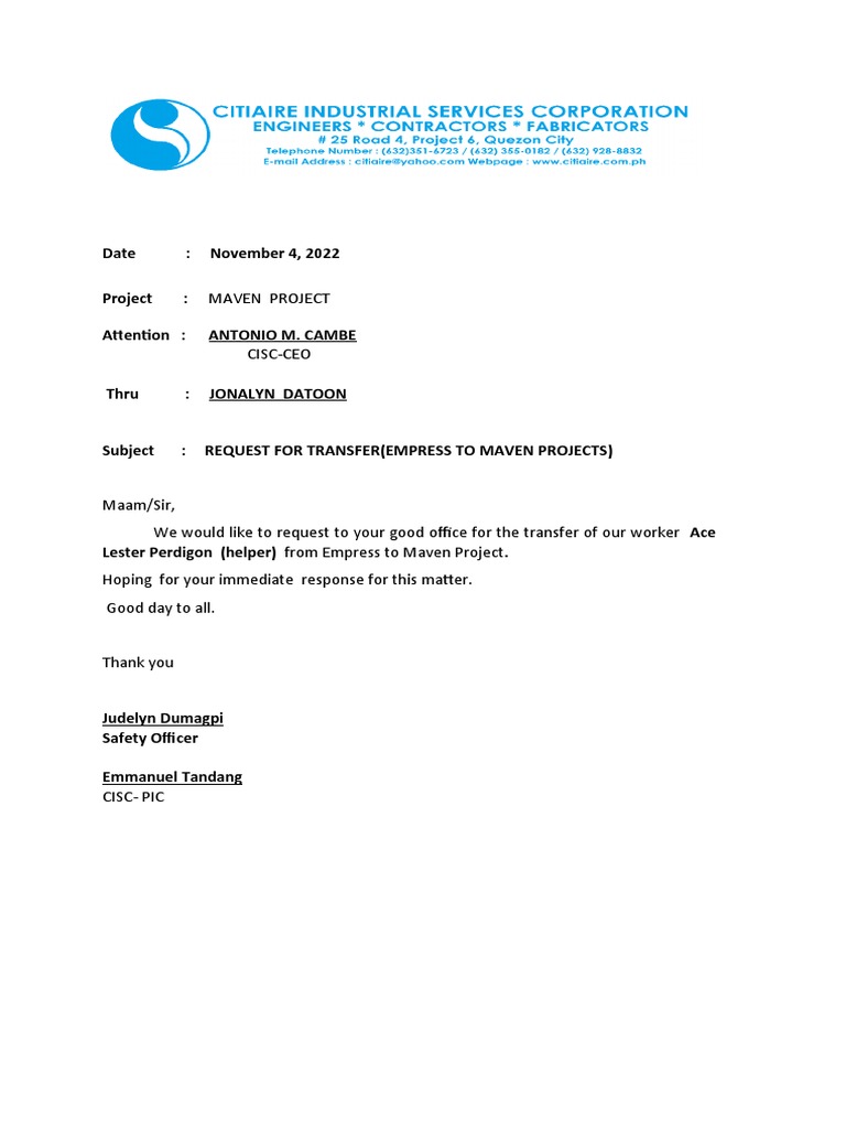 Request For Transfer | PDF