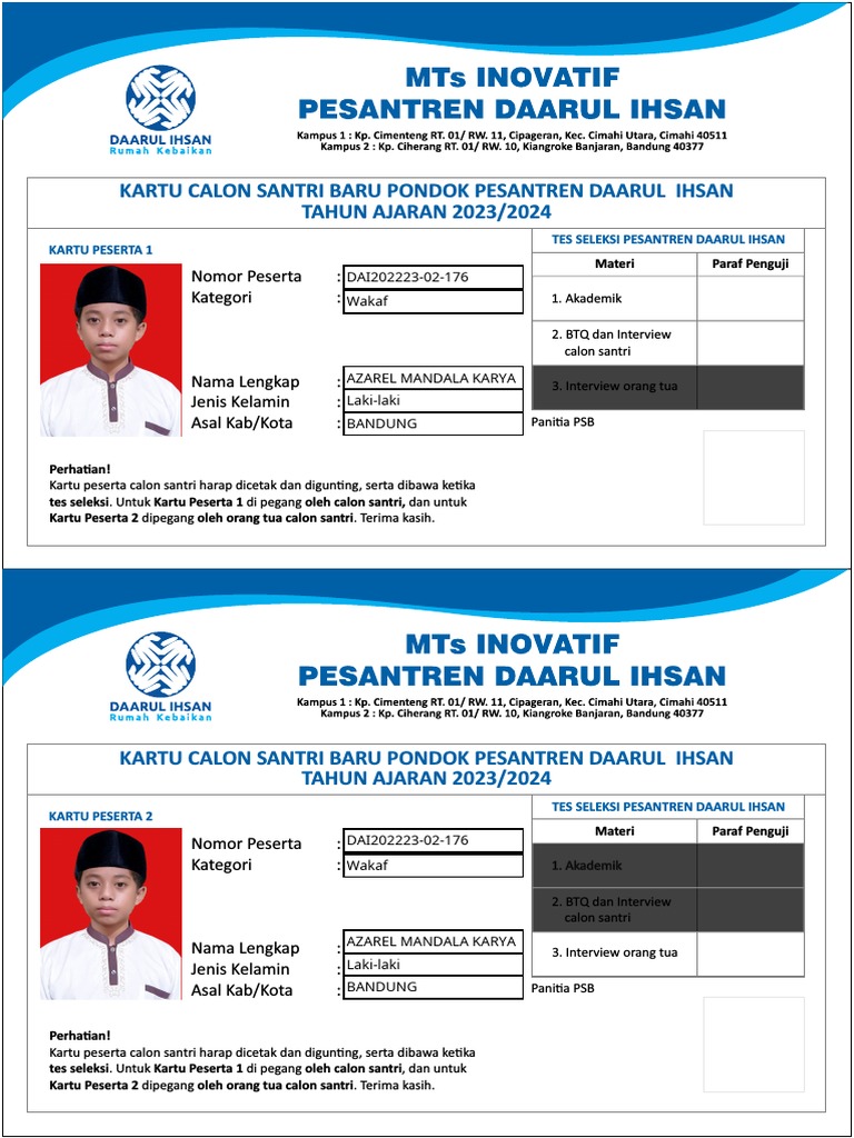 Kartu Peserta PSB | PDF