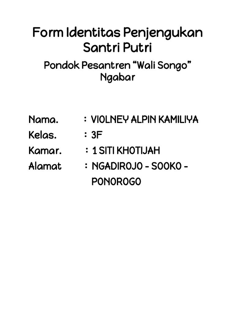 Form Identitas Penjengukan Santri Putri | PDF