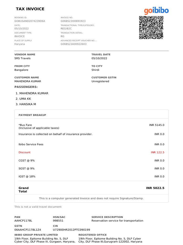 Bus Ticket Invoice from Bangalore to Shirdi Dated 05/10/2022 | PDF ...