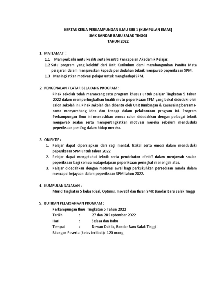 Kertas Kerja Perkampungan Ilmu - SMK BBST Siri 1 | PDF