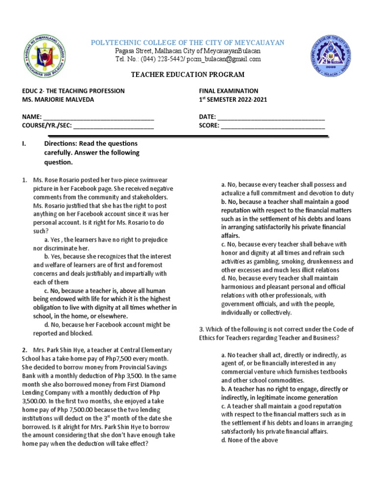 Final Exam Educ 2 | PDF | Teachers | Learning