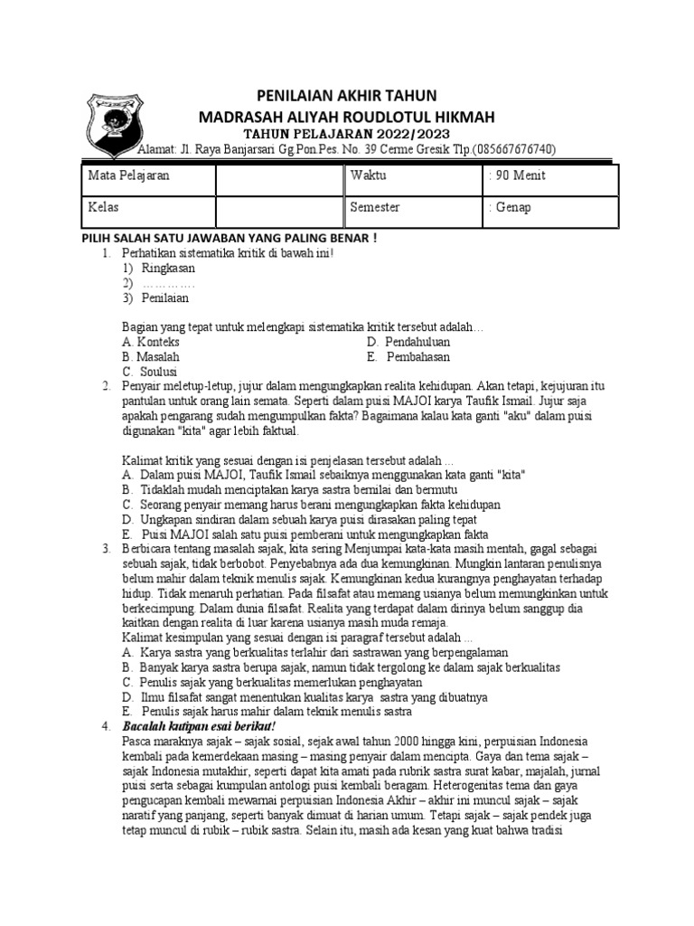 Soal Pts B.indonesia Kelas Xii - Genap | PDF