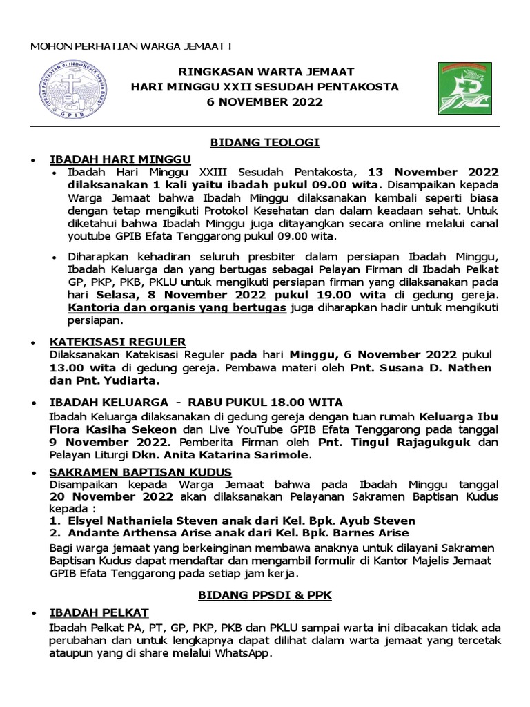 Ringkasan Warta Jemaat 6 Nov 2022 | PDF | Agama & Spiritualitas