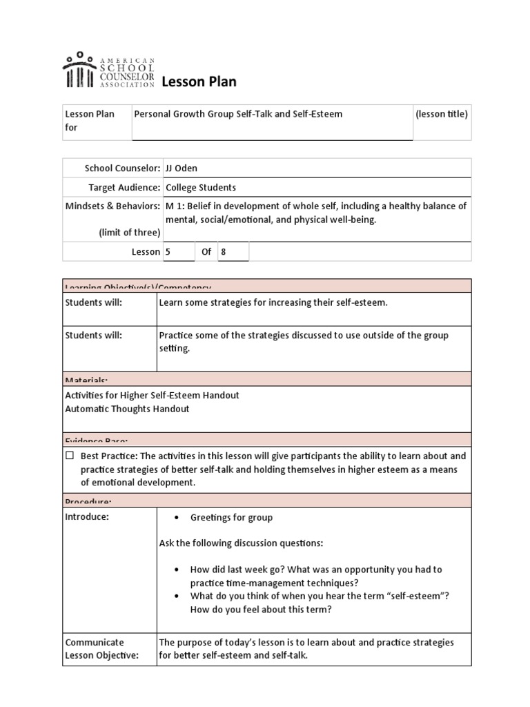 Self-Talk and Self-Esteem Lesson Plan | PDF | Self Esteem | Thought