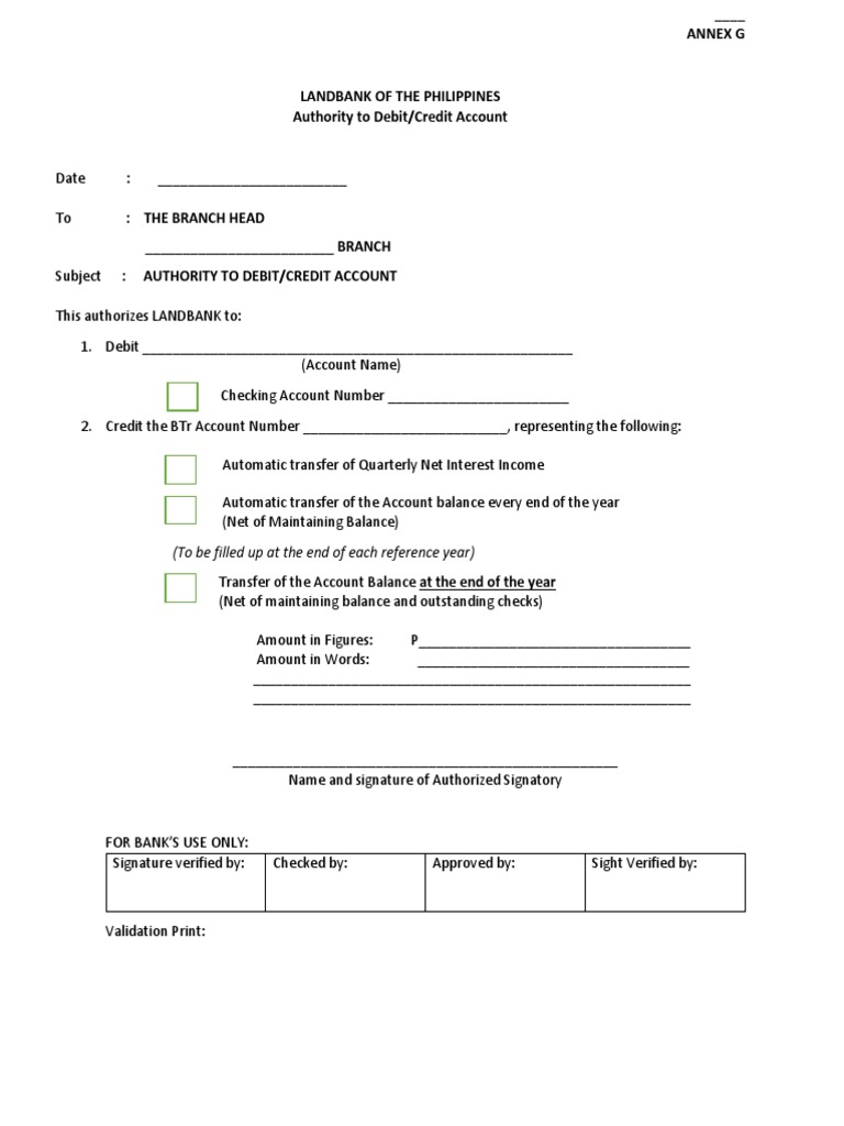 Authority To Debit - Credit Account ANNEX G | PDF