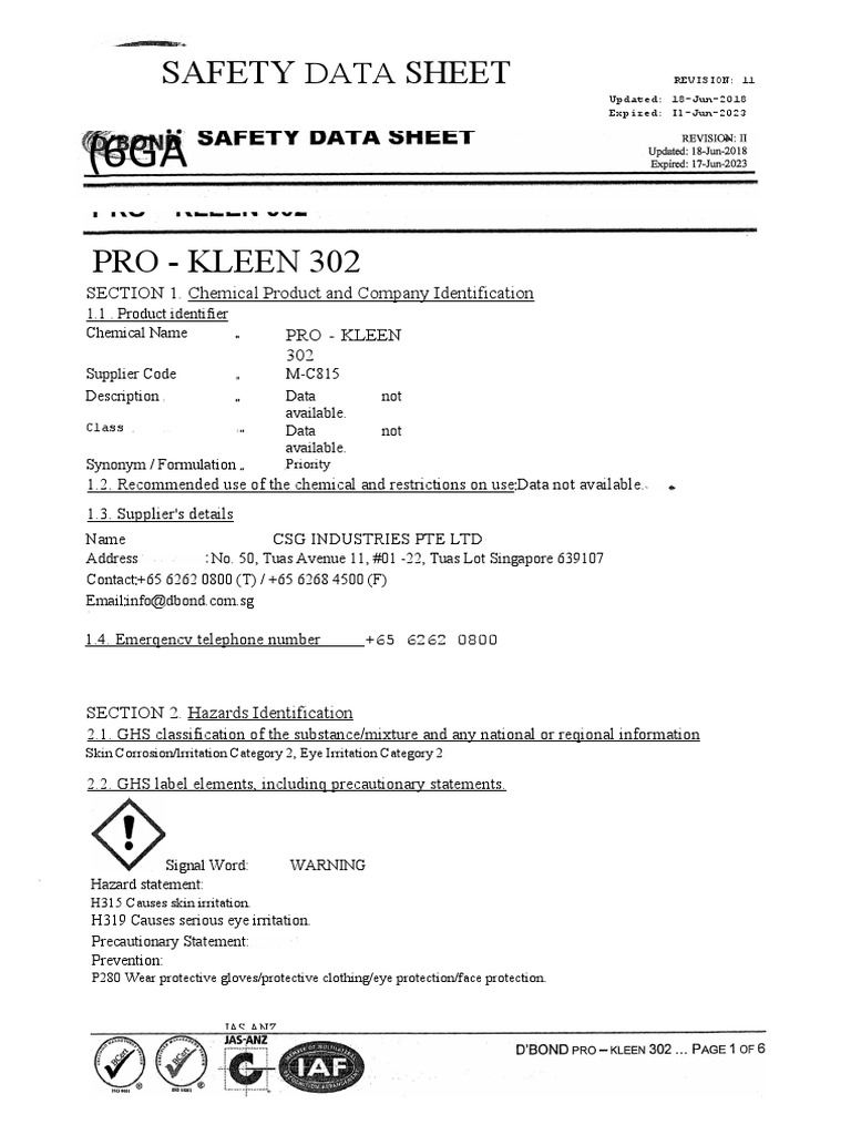 MSDS Pro-Kleen 302 | PDF | Personal Protective Equipment | Chemistry